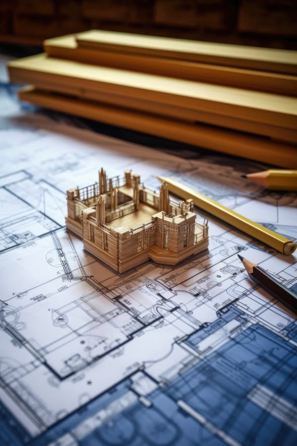 Close-up of Architect Blueprints on a Wooden Table Stock Illustration ...