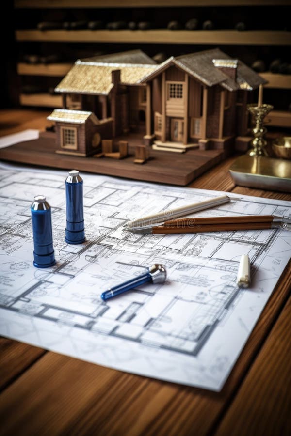 Close-up of Architect Blueprints on a Wooden Table Stock Illustration ...
