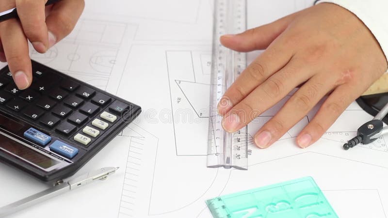 Close Up of Architect Drawing Lines Ruler and Pencil on the Paper Stock ...