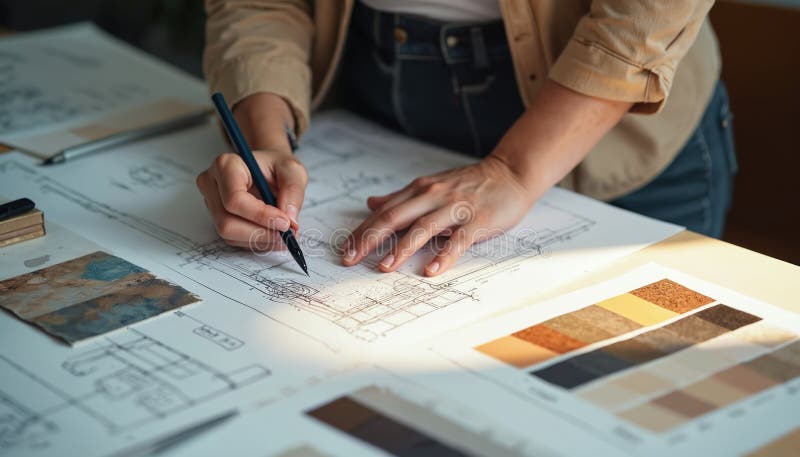 Close-up of Architect Drawing Sketch. Designer Creates Blueprint Plan ...