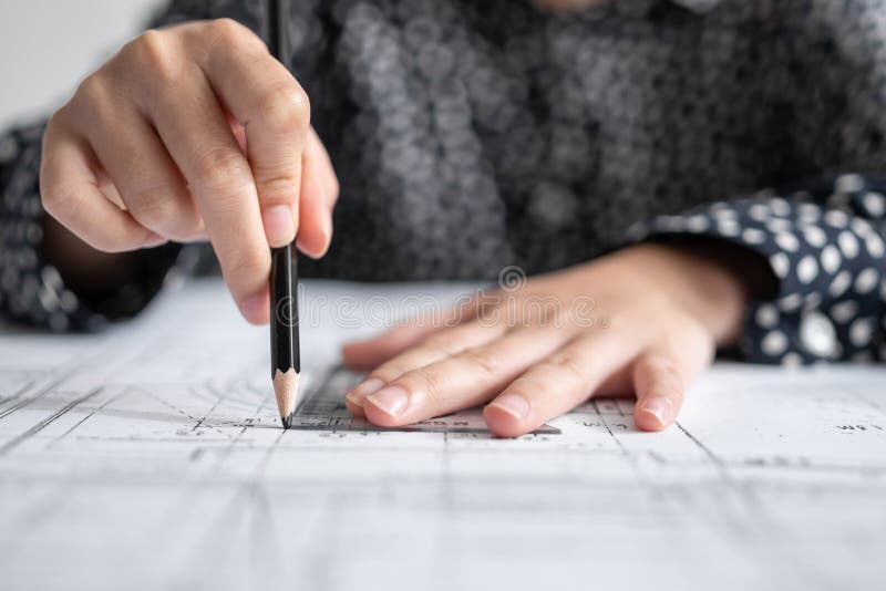 Close Up Architect or Engineer Hand Sketch the Drawing Construction ...