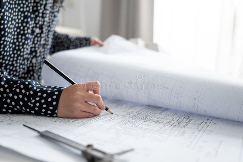 Close Up Architect or Engineer Hand Sketch the Drawing Construction ...