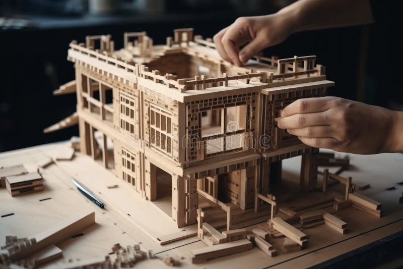 Close Up of an Architect or Engineer Making a Model House. Generative ...
