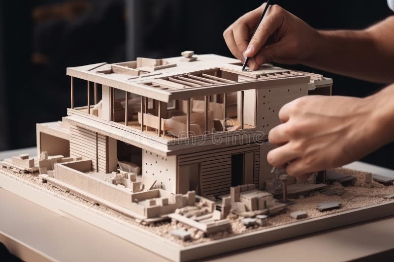 Close Up of an Architect or Engineer Making a Model House. Generative ...