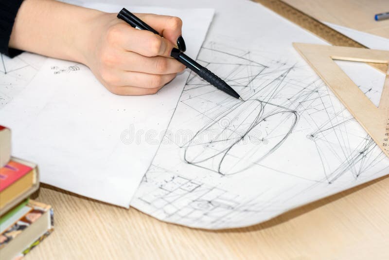 Close Up Architect Hand Drawing Sketches, Blueprints. Architectural ... Close Up Architect Hand Drawing Sketches, Blueprints. Architectural ...