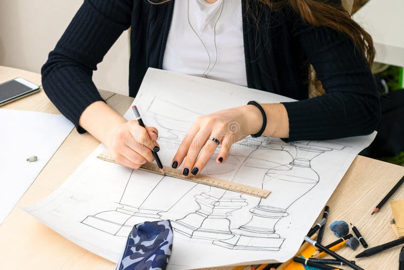 Close Up Architect Hand Drawing Sketches, Blueprints. Architectural ... Close Up Architect Hand Drawing Sketches, Blueprints. Architectural ...