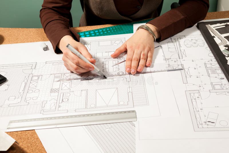 Close Up of Architect Hands Working on Blueprints Stock Photo - Image ...