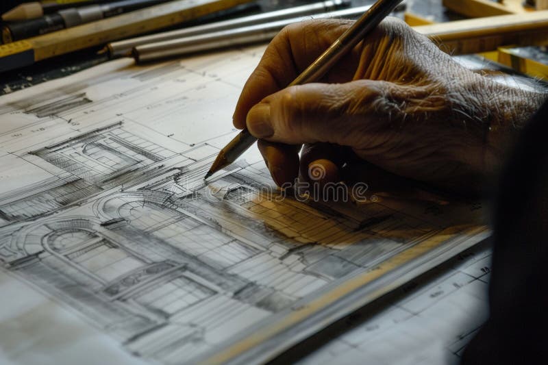 Closeup of an Architects Hand Drawing a Detailed Building Facade on ...