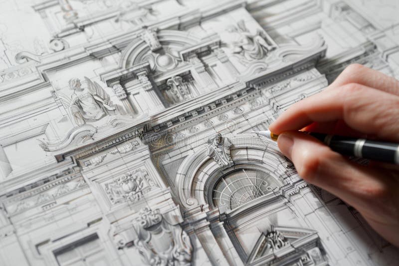 Closeup of an Architects Hand Drawing a Detailed Building Facade on ...