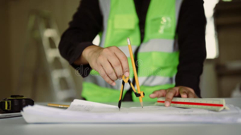 Close Up of an Architect Using a Compass To Draw Precise Measurements ...