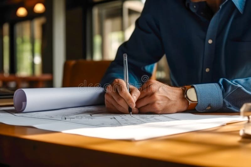 Close Up of Architects Interior Designer Hands Working with Blueprints ...