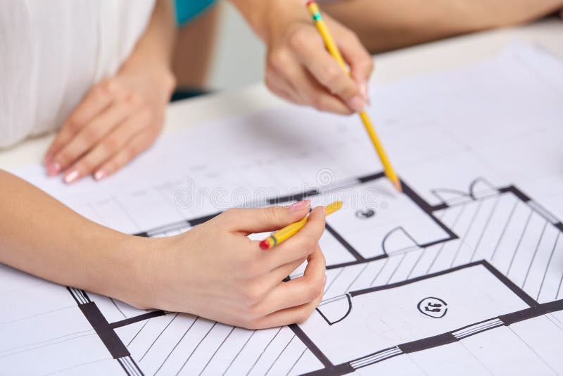Close Up of Architects Team Working with Blueprint Stock Photo - Image ...