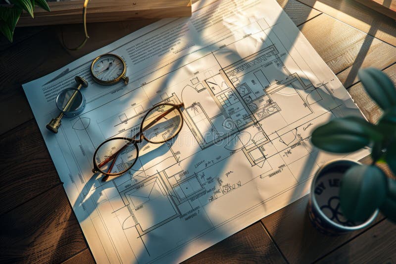 Close-up of Architectural Blueprints and Drafting Tools on a Work Desk ...