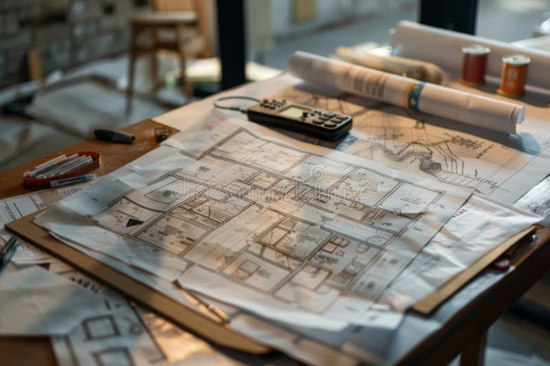 Close-up of Architectural Blueprints and Drafting Tools on a Work Desk ...