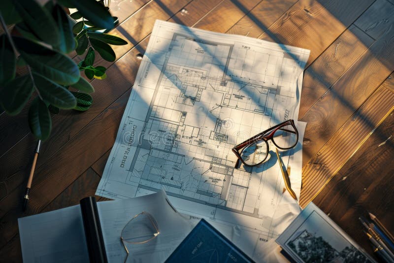 Close-up of Architectural Blueprints and Drafting Tools on a Work Desk ...