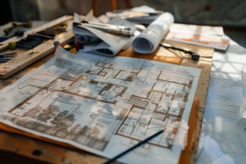 Close-up of Architectural Blueprints and Drafting Tools on a Work Desk ...