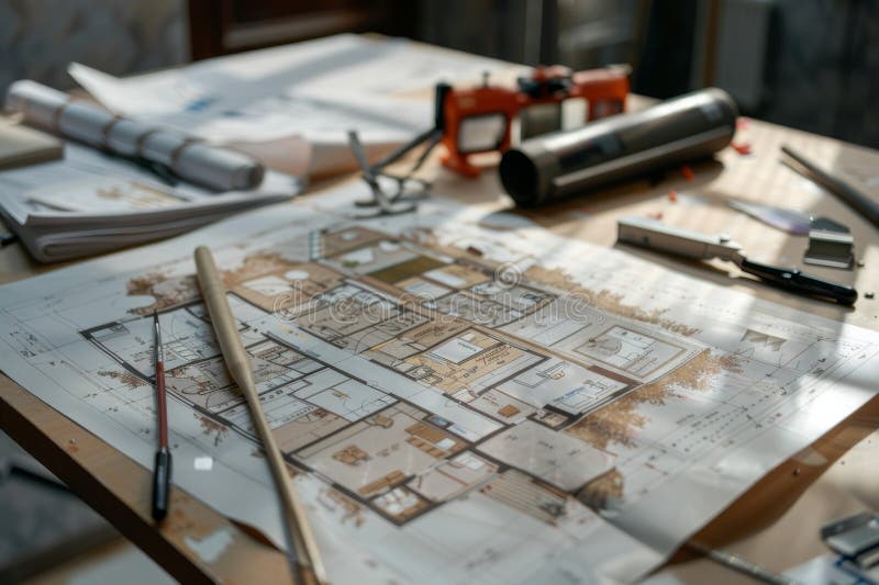 Close-up of Architectural Blueprints and Drafting Tools on a Work Desk ...