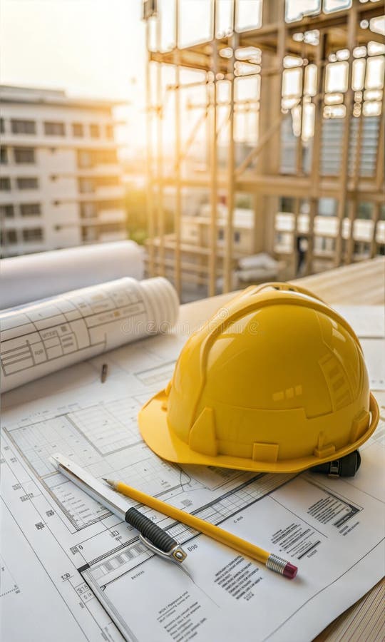 Construction Blueprints with Safety Helmet and Tools. Stock Illustration - Illustration of table ...