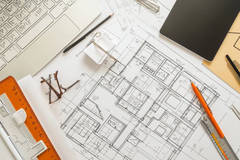 Close-up of Architectural Floor Plan with Drafting Tools, Laptop, and ...