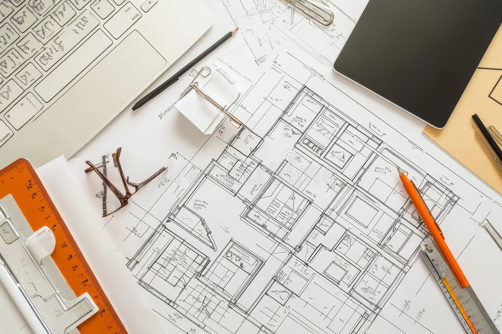 Close-up of Architectural Floor Plan with Drafting Tools, Laptop, and ...