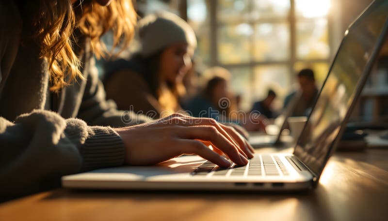 Studying Teamwork Cooperation Girls Typing Laptop Stock Image - Image ...