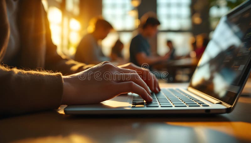Close-up of Arms Typing on Laptop Keyboard. Students Studying in ...