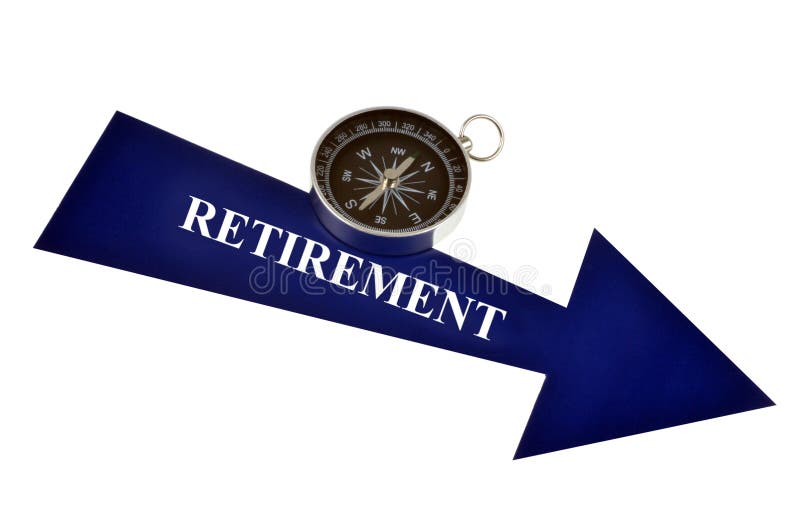 Retirement Concept with Arrow and Compass on White Background Stock ...