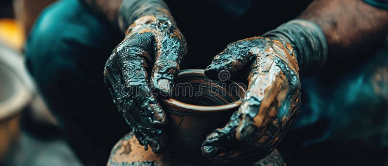 Close Up of Artisan Hands Shaping Pottery with Glaze, Showcasing Skill ...