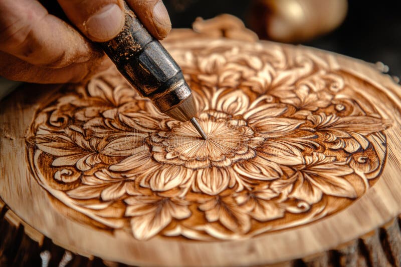 Close-up of Artisan Using Rotary Tool, Creating Detailed Floral Pattern ...