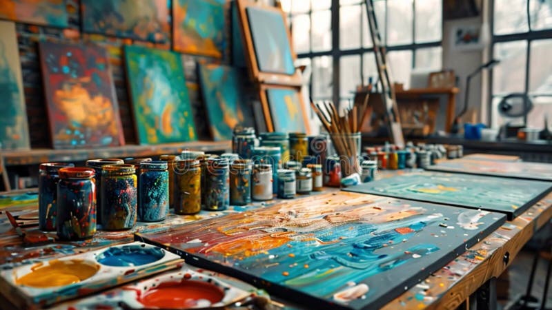 Close-up of Artwork and Tools in Artist S Studio, Creative Process ...