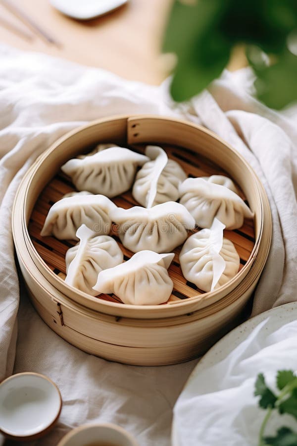 Close Up of Asian Dumplings in Bamboo Steamer, Created Using Generative ...