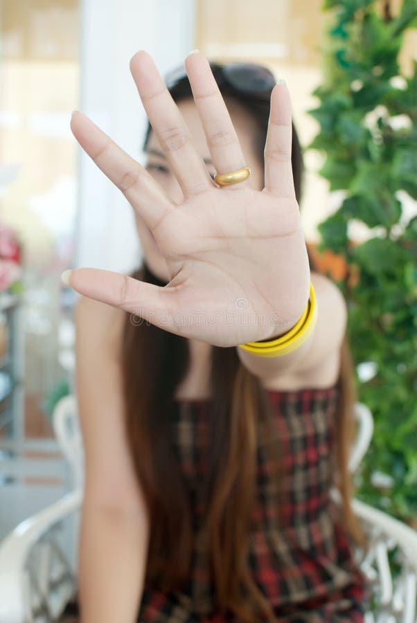 Close Up Asian Lady Give Stop Hand. Stock Image - Image of building ...