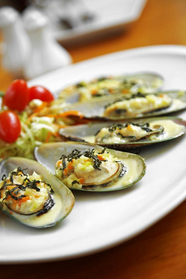 Close Up Asian Oyster and Cheese Roasted Stock Photo - Image of close ...