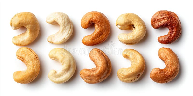 Close Up Assorted Cashew Nuts Varying Shapes Colors White Background ...