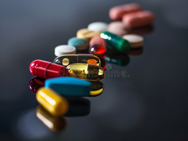 Close-up of Assorted Colorful Capsules and Tablets on a Reflective ...