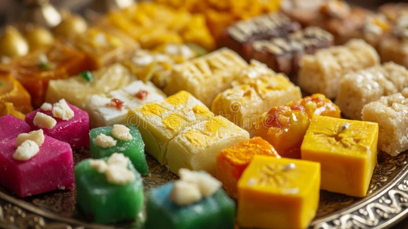 A Close-Up of Assorted Colorful Indian Sweets on a Silver Platter Stock ...