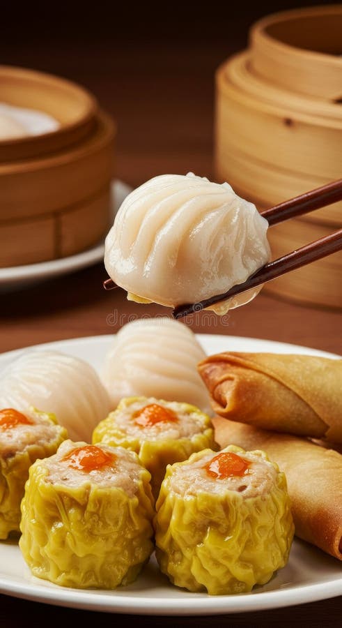 Close Up of Assorted Dim Sum on Plate with Chopsticks Stock ...