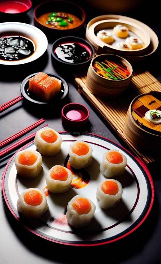 Close Up on Assorted Dim Sum in White Dishes on a Dark Table Stock ...