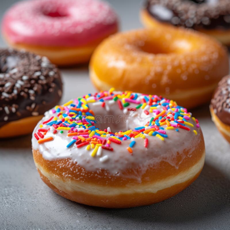 Close-up of Assorted Donuts with Various Toppings, Focused on a ...