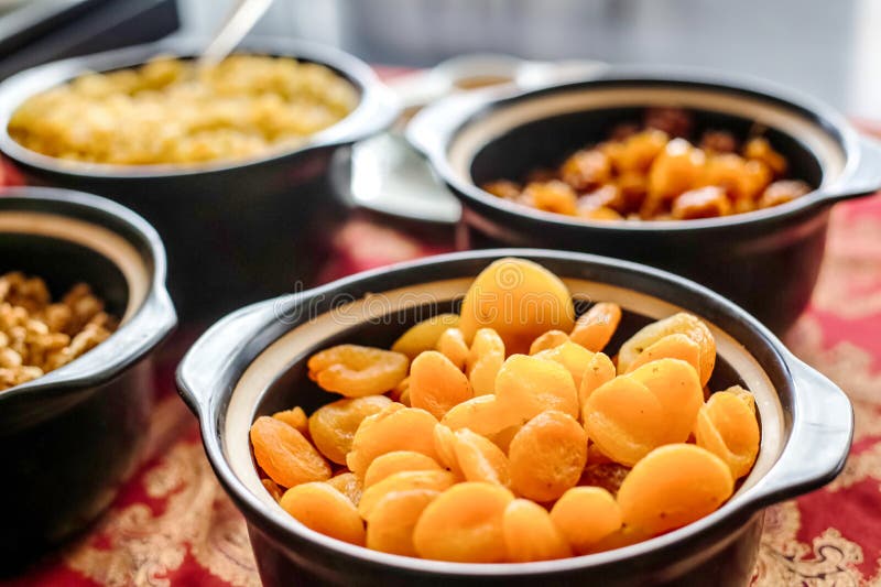 Close-up of Assorted Food Bowls on Table Stock Image - Image of break ...