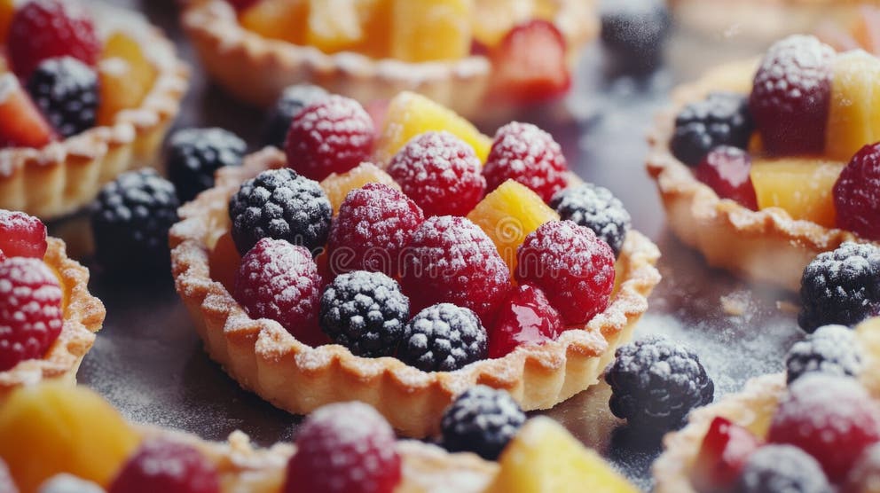 Close Up of Assorted Fruit Tartlets with Powdered Sugar Stock ...