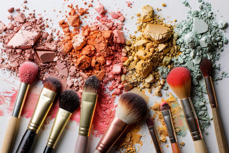 Close-up of Assorted Makeup Brushes Covered with Vibrant Eyeshadow and ...