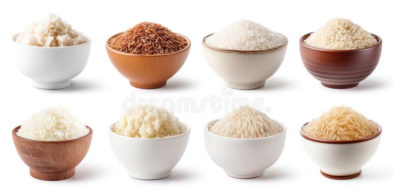 Close-up of Assorted Rice Varieties Displayed in White Ceramic Bowls on ...