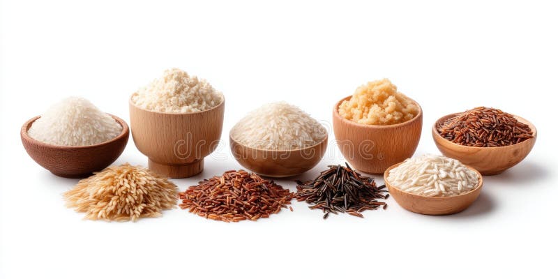Close-up of Assorted Rice Varieties Displayed in Wooden Bowls on a ...