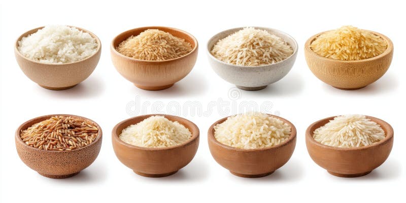Close-up of Assorted Rice Varieties in Wooden Bowls on a Rustic Surface ...