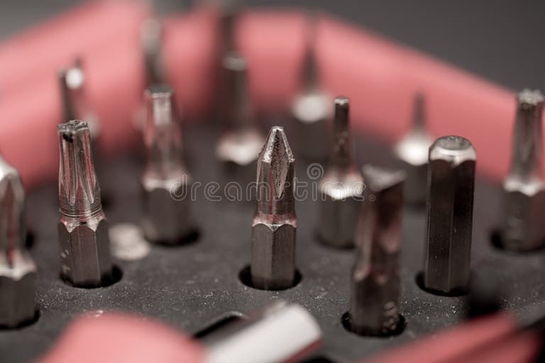 Close-up of Assorted Screwdriver Bits Arranged in a Black Holder on a ...