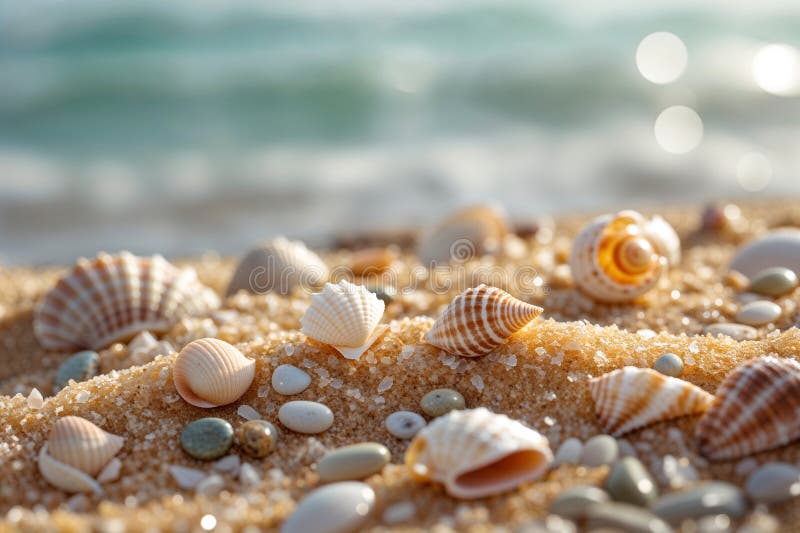 Close-up of Assorted Seashells and Smooth Pebbles Scattered on Golden ...