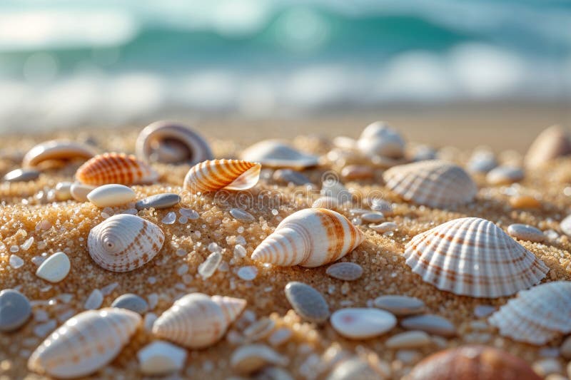 Close-up of Assorted Seashells and Smooth Pebbles Scattered on Golden ...