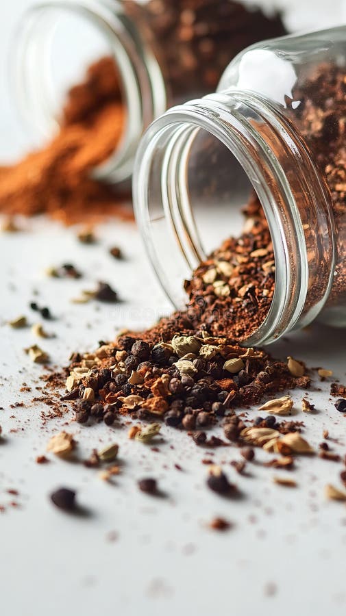 Close-Up of Assorted Spices Spilling from Glass Jars on a White Surface ...