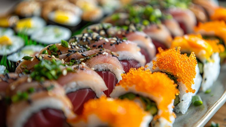 Close-up of Assorted Sushi Rolls with Various Toppings. Stock Image ...